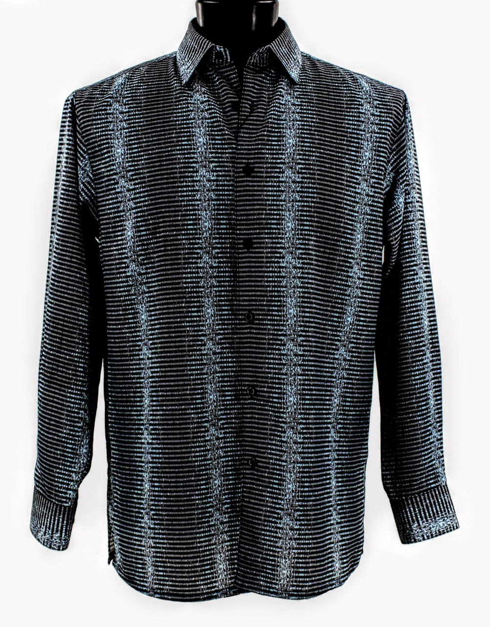 Bassiri Long Sleeve Camp Shirt - Aqua Blue & Black Webbing Pattern ...