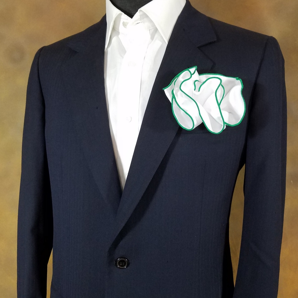 White Satin 2-in-1 Pouf Round Pocket Square with Green Trim - Vavra's ...