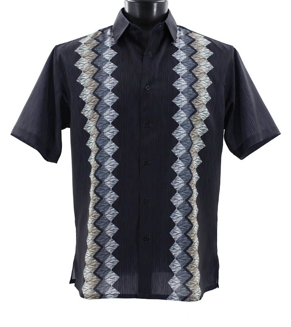 Bassiri Short Sleeve Camp Shirt - Charcoal with Tan Dual Step Pattern ...