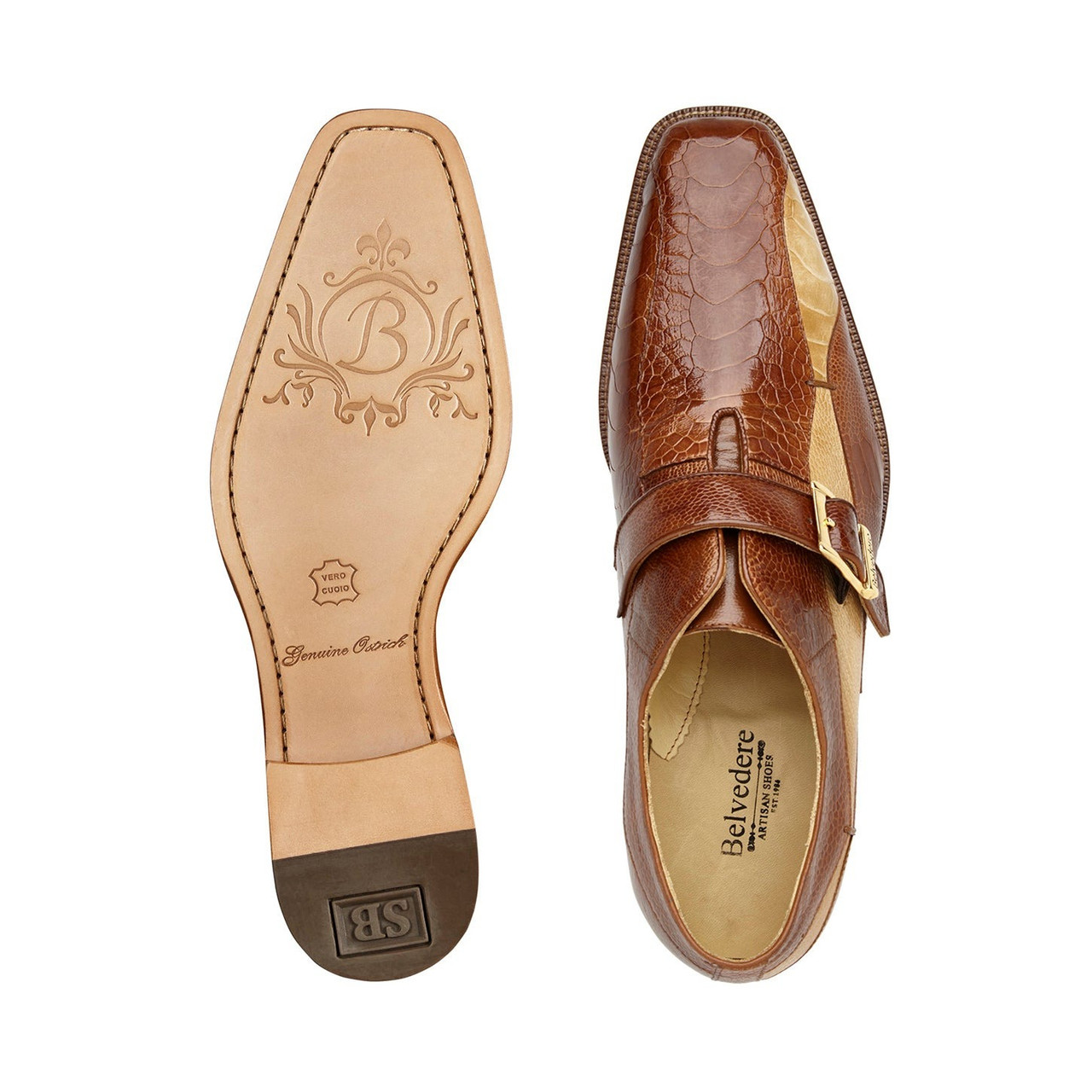 Belvedere Genuine Ostrich Leg Two-Tone Monk Strap Shoes - Camel & Bone ...