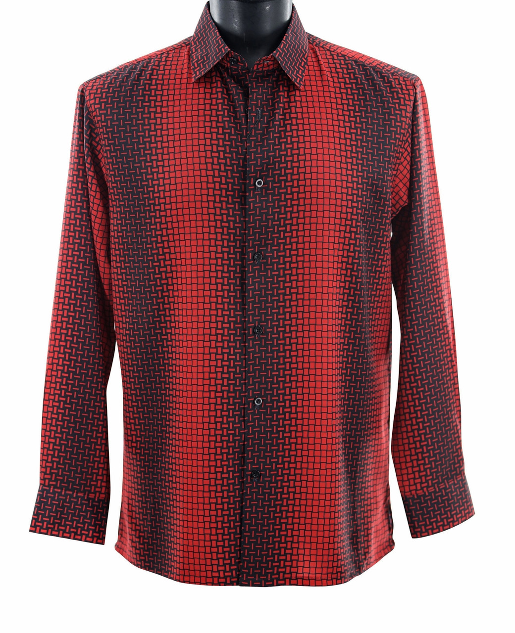 Bassiri Long Sleeve Camp Shirt - Red Moiré Pattern - Vavra's Menswear