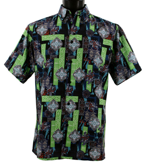 Bassiri Short Sleeve Camp Shirt - Black & Green Baroque Design - Vavra ...