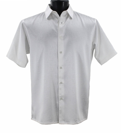 Bassiri White Tonal Line Design Short Sleeve Camp Shirt - Vavra's Menswear