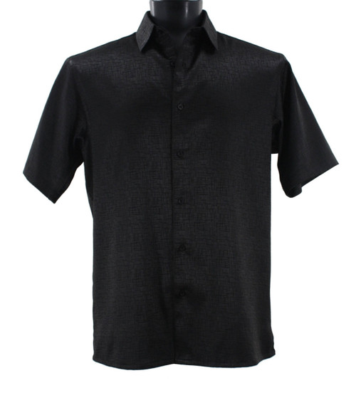 Bassiri Black Tonal Line Design Short Sleeve Camp Shirt - Vavra's Menswear