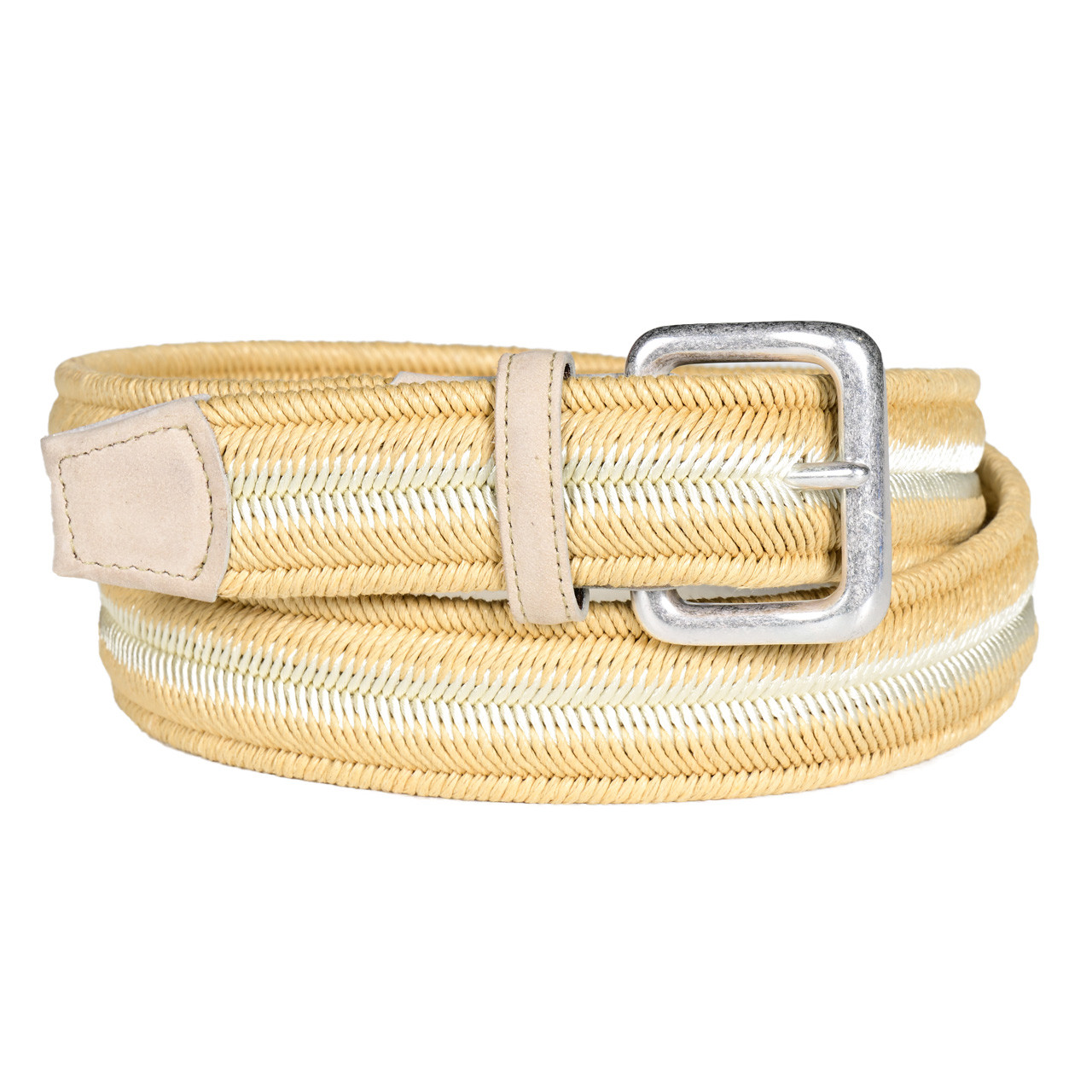 Italian Woven Two-Tone Stretch Cotton Belt in Cream/Camel - Torino ...
