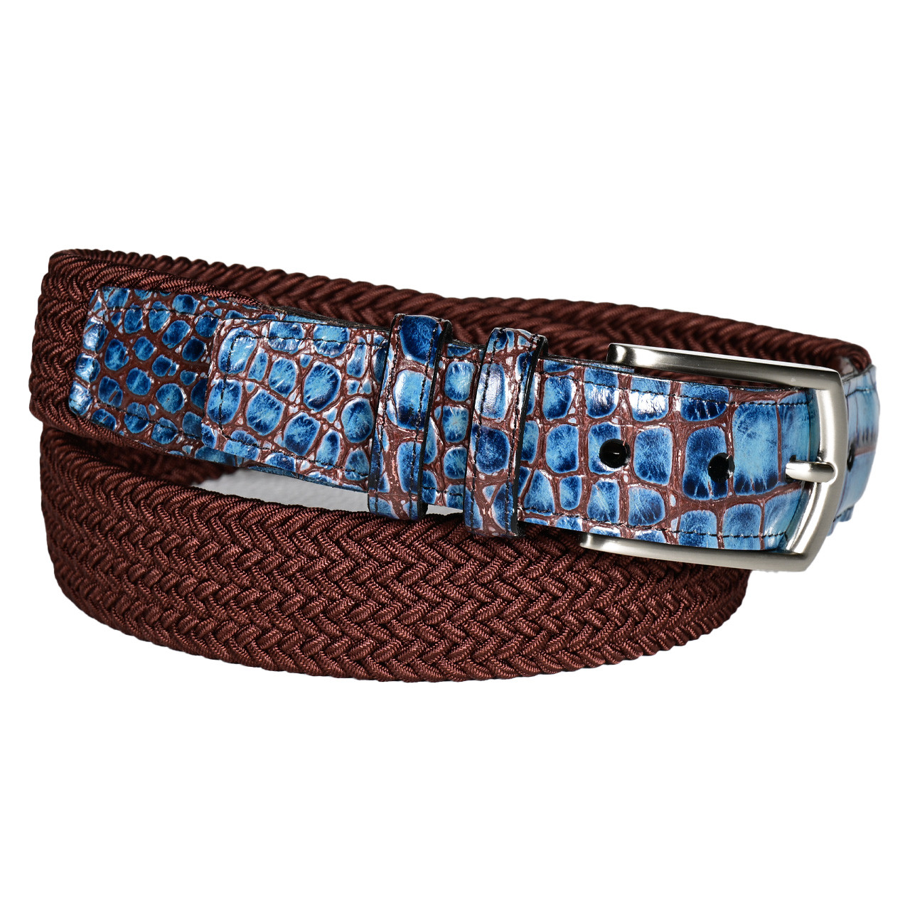 Italian Woven Rayon Elastic Belt with Two-Tone Crocodile-Embossed ...