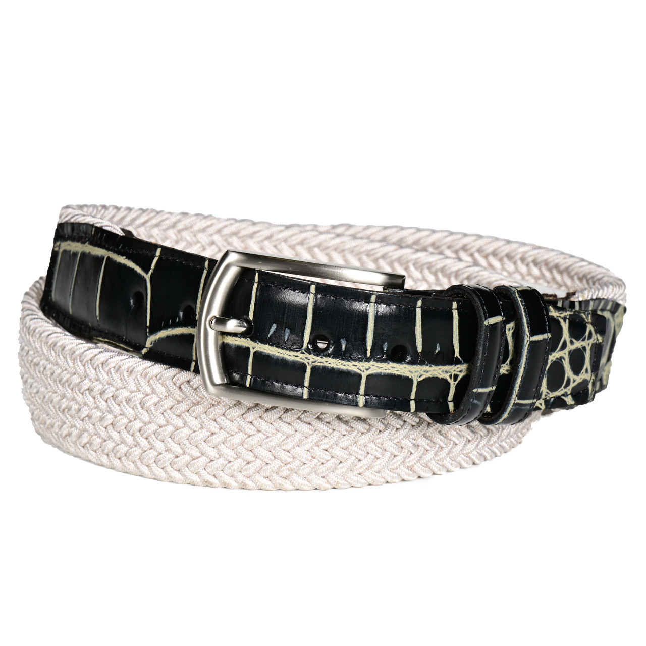 Italian Woven Rayon Elastic Belt with Two-Tone Crocodile-Embossed ...