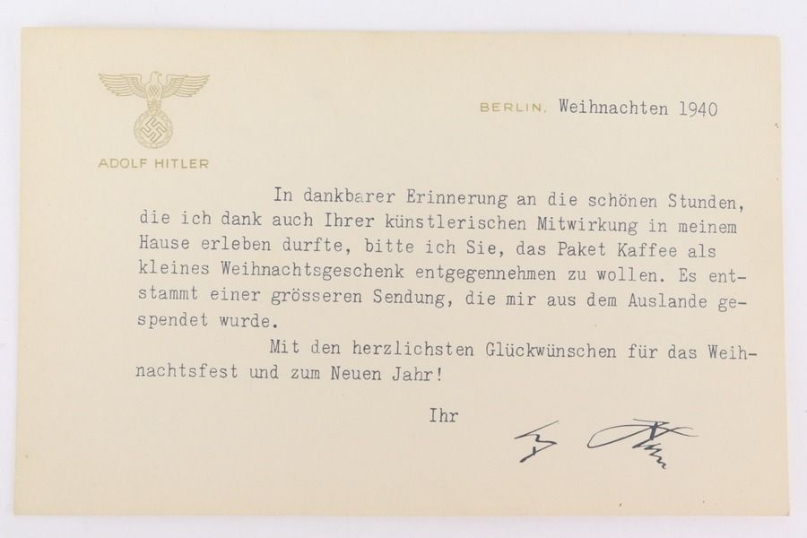 1940 Adolf Hitler Typed Christmas Card - With Hitler Signature
