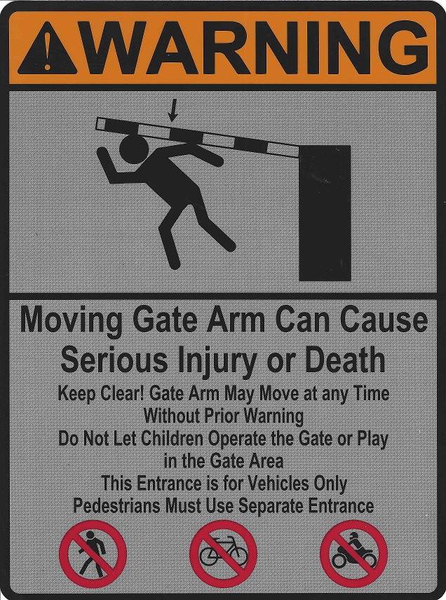 Automated vehicle gates warning labels. Warning labels.