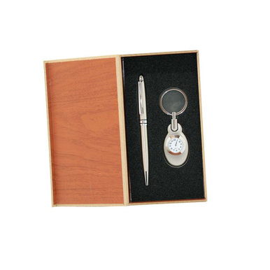 2-Piece Boxed Gift Set of Ballpoint Pen and Keyring Clock in Stainless ...