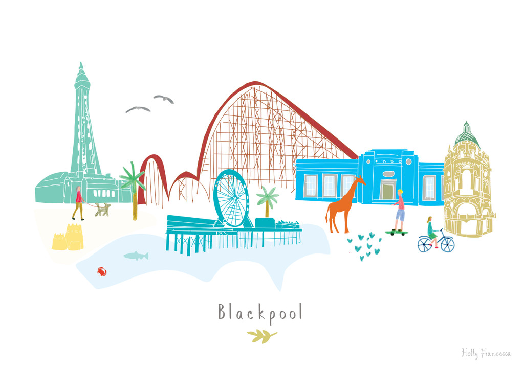 Illustrated hand drawn Blackpool Skyline Cityscape art print by artist ...