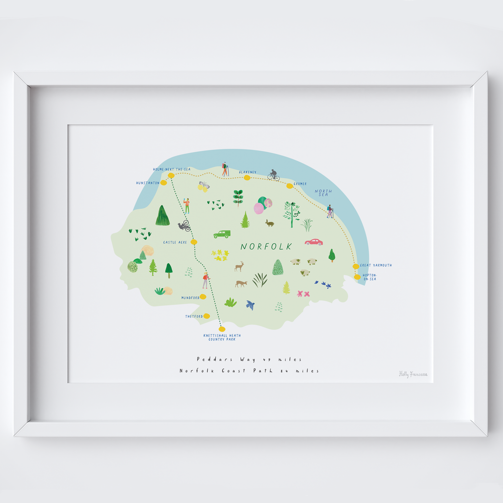 Illustrated hand drawn Peddars Way & Norfolk Coast Path Route Map Art ...