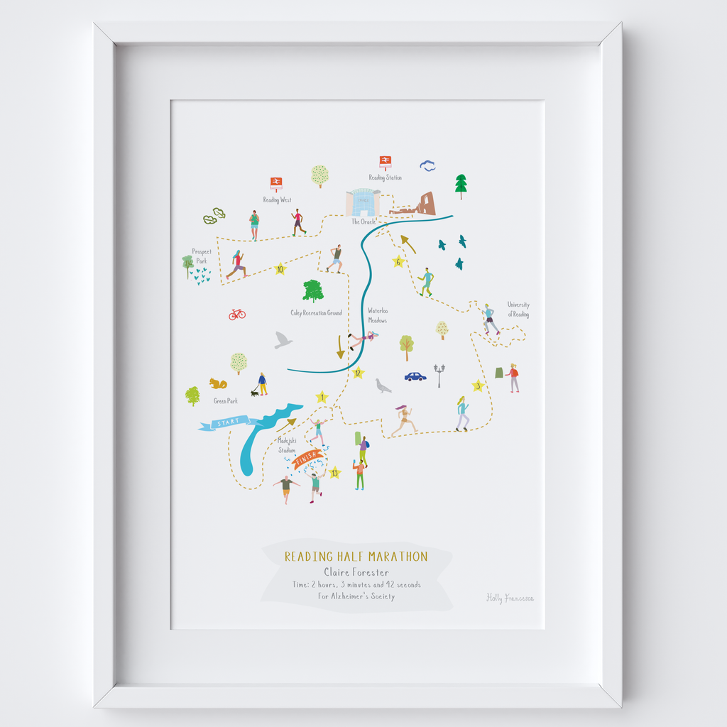 Illustrated hand drawn Reading Half Marathon Route Map art print by ...
