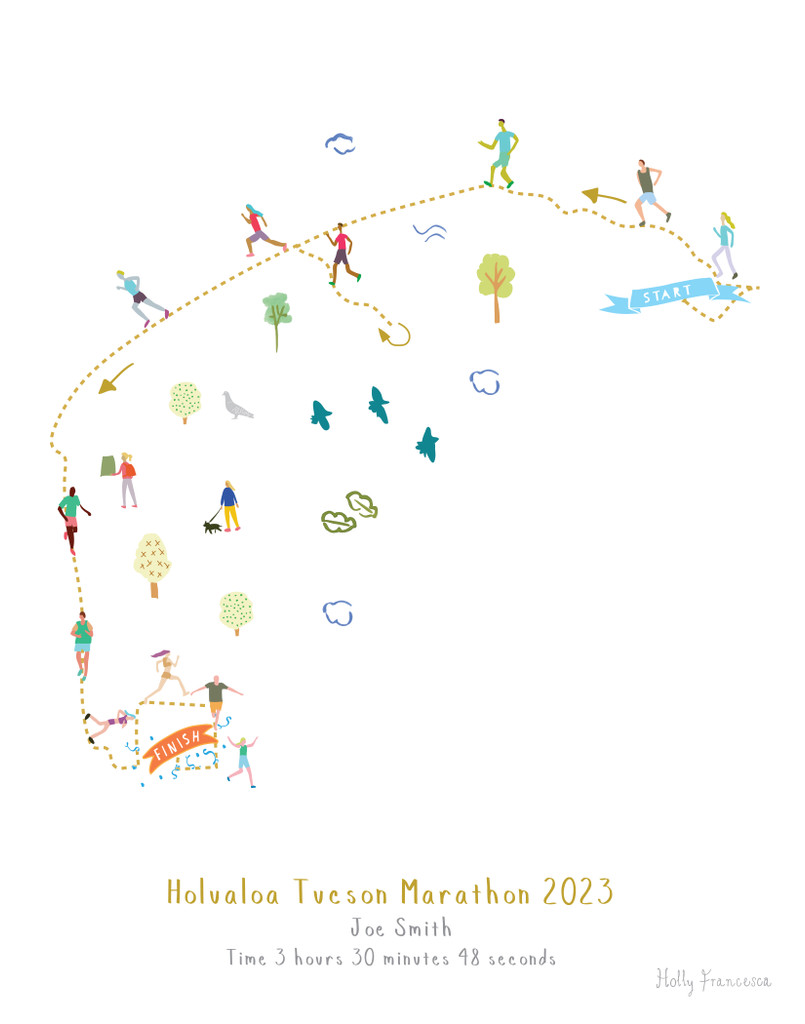 Illustrated hand drawn Custom Marathon Route Map art print by artist ...