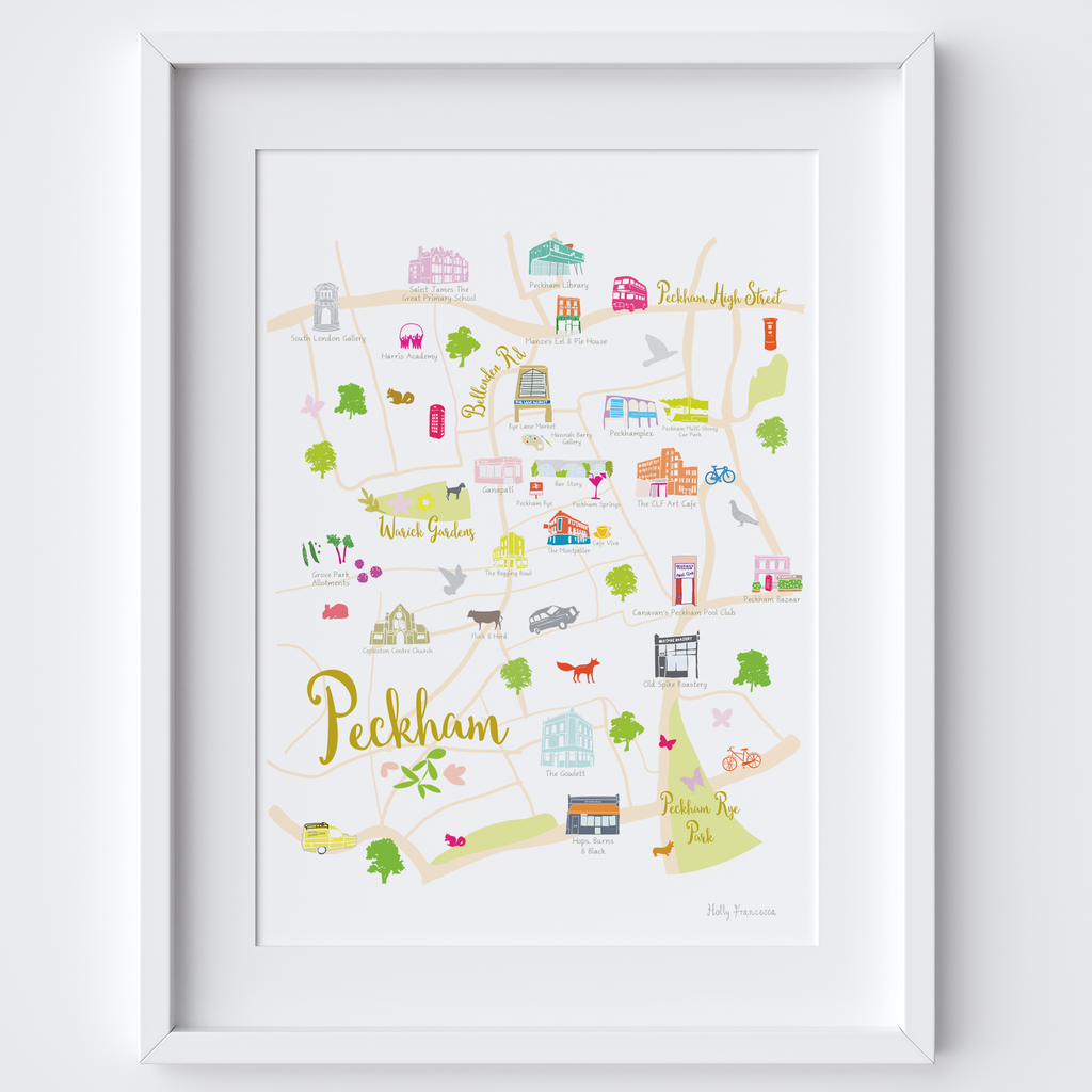 Illustrated hand drawn Map of Peckham art print by artist Holly Francesca.