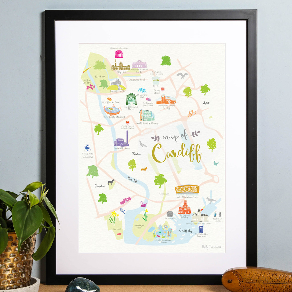Illustrated hand drawn Map of Cardiff art print by artist Holly Francesca.