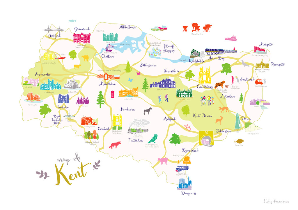Illustrated hand drawn Map of Kent by UK artist Holly Francesca.