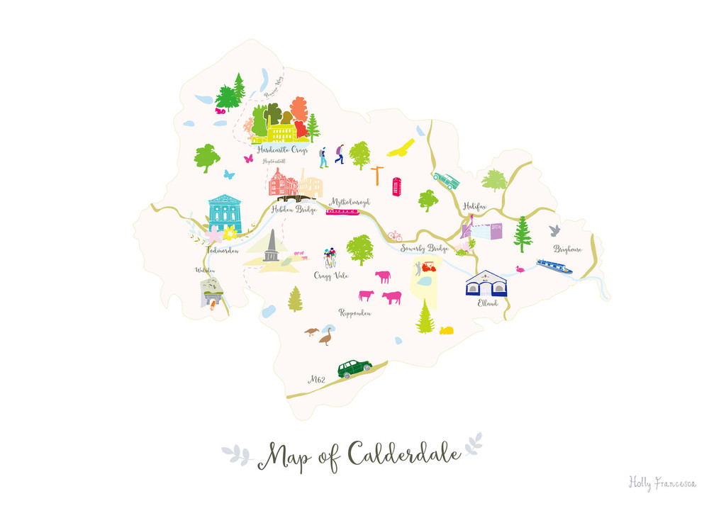Illustrated hand drawn Map of Calderdale art print by artist Holly ...