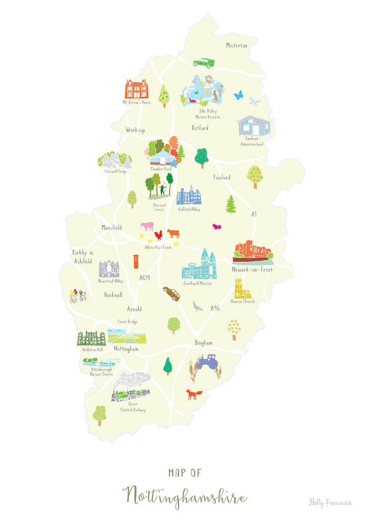 Illustrated hand drawn Map of Nottinghamshire by UK artist Holly Francesca.