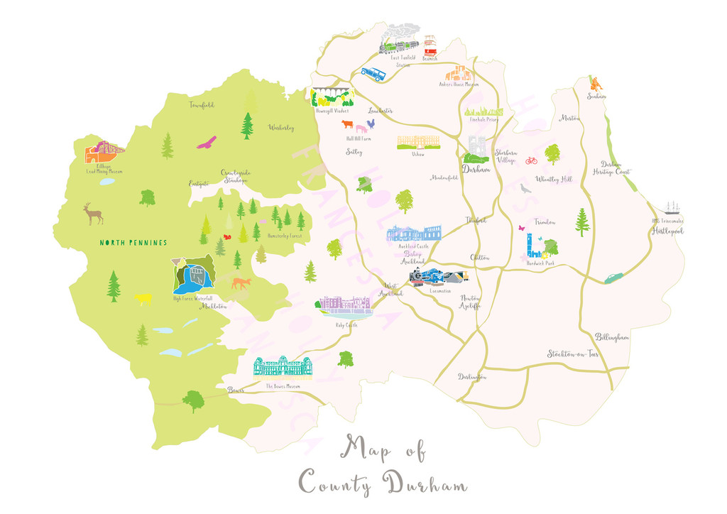 Illustrated hand drawn Map of County Durham by UK artist Holly Francesca.