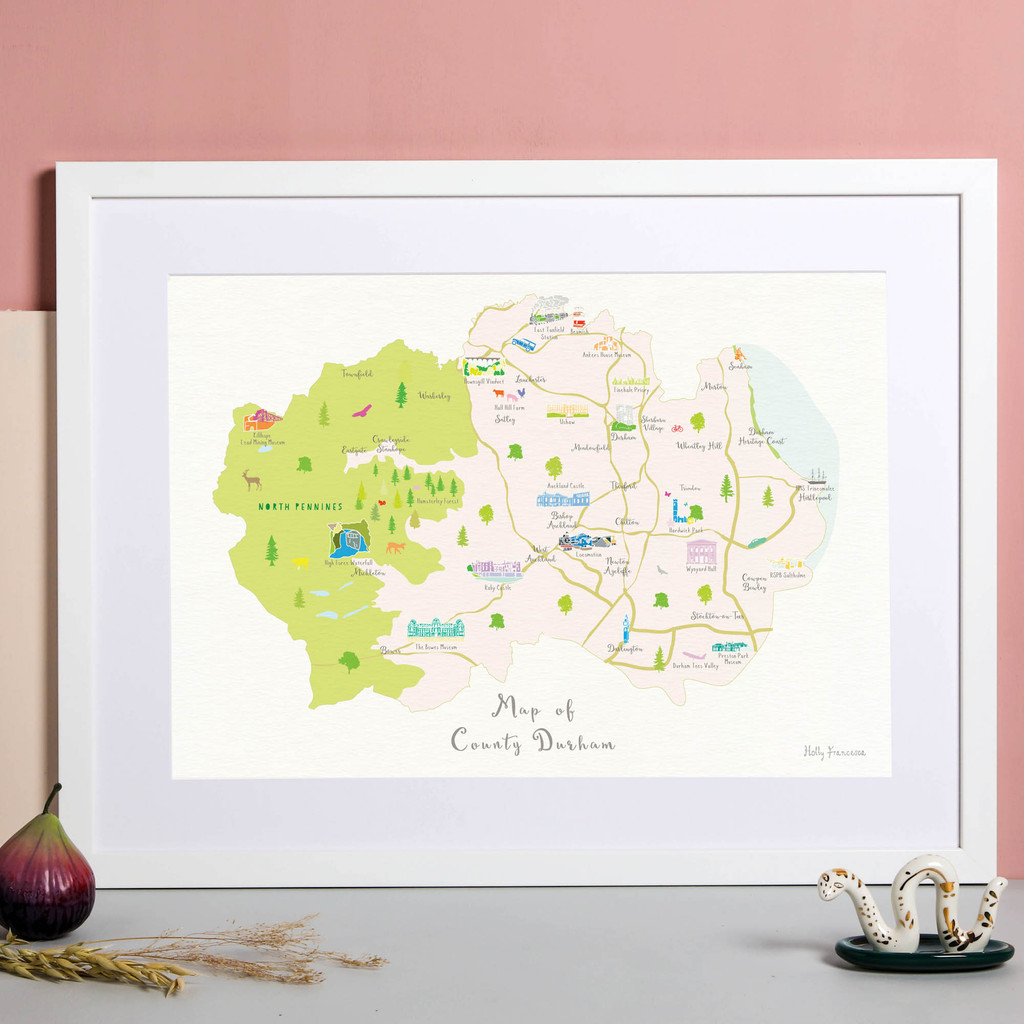 Illustrated hand drawn Map of County Durham by UK artist Holly Francesca.