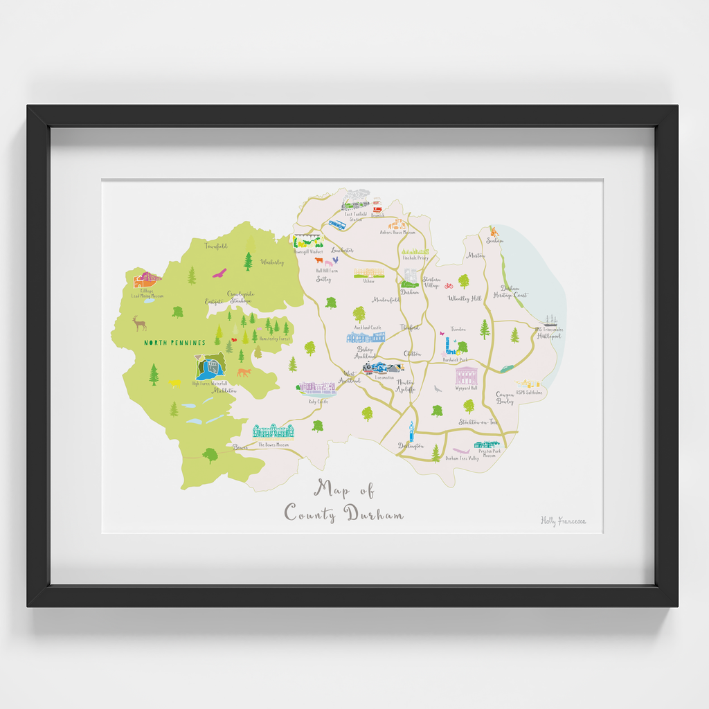 Illustrated hand drawn Map of County Durham by UK artist Holly Francesca.