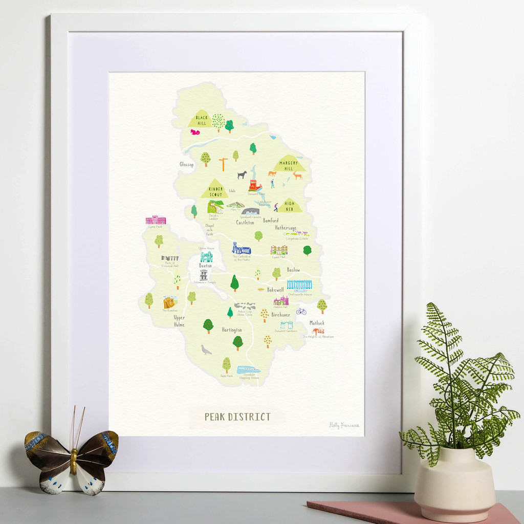 Illustrated hand drawn Map of the Peak District National Park art print ...