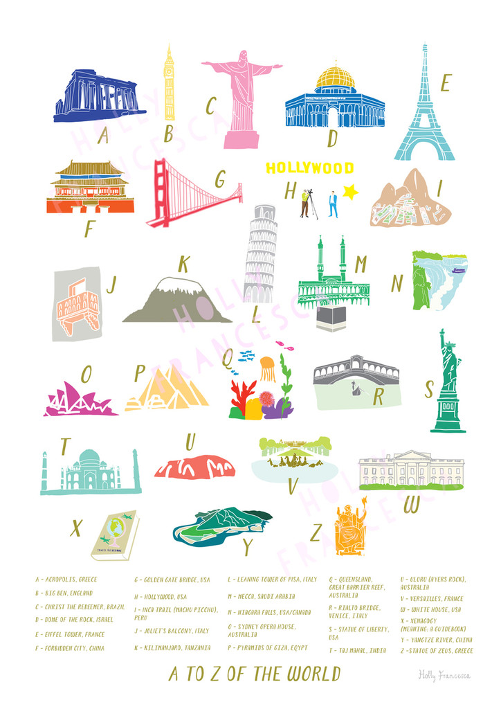 Illustrated hand drawn A to Z of the World Alphabet art print by artist ...