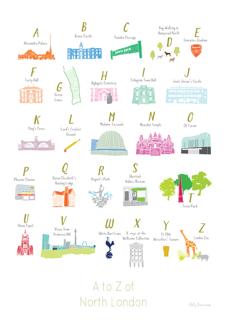 Illustrated hand drawn A to Z North London Alphabet art print by artist ...