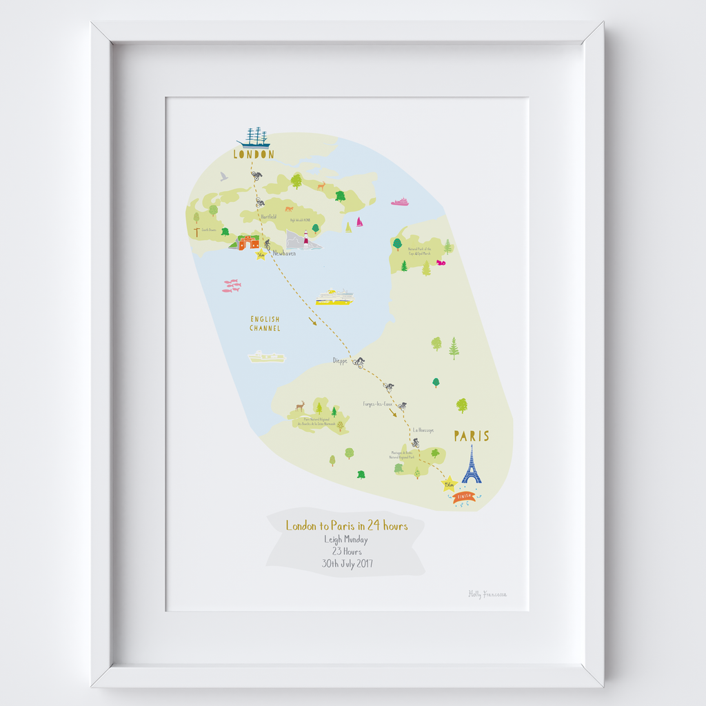 Illustrated hand drawn London to Paris Cycle Route Map by UK artist ...