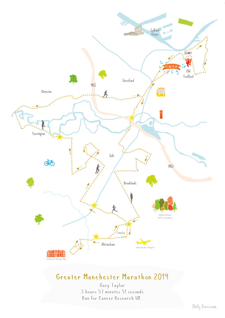 Illustrated hand drawn Greater Manchester Marathon Route Map art print ...