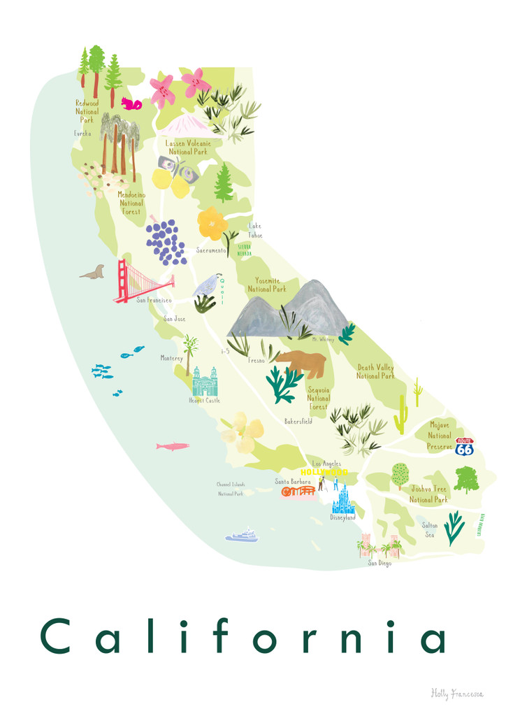Illustrated hand drawn Map of California art print by artist Holly ...