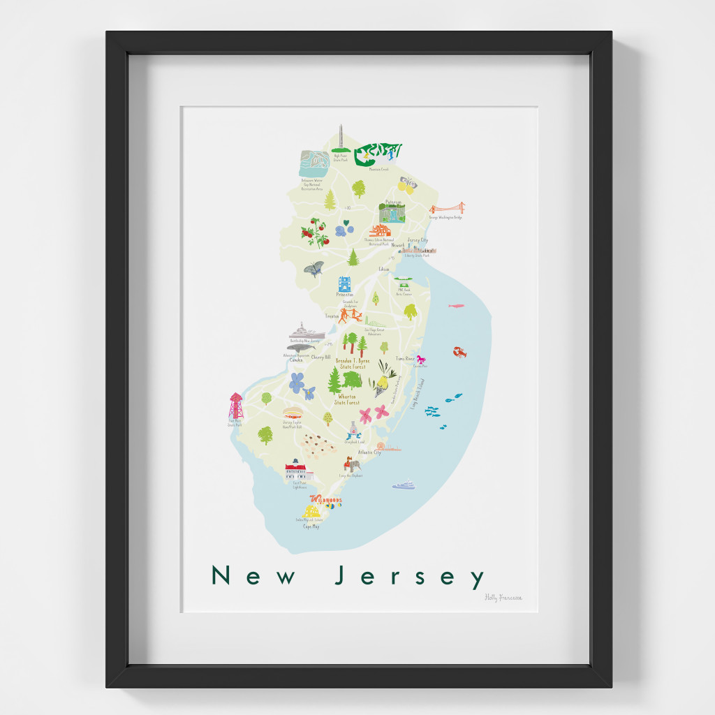 Illustrated hand drawn Map of New Jersey art print by artist Holly ...