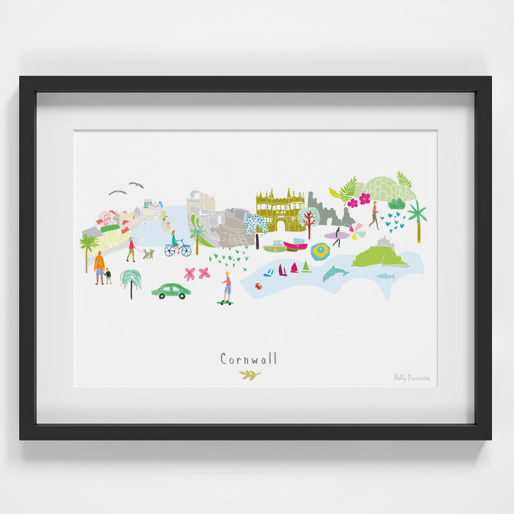 Illustrated hand drawn Cornwall Skyline Landscape art print by artist ...