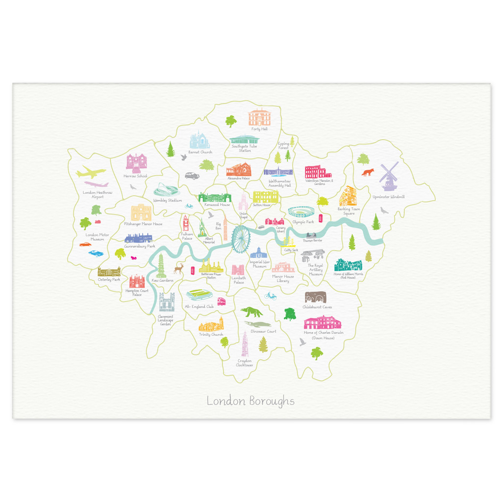 Illustrated hand drawn Map of the London Boroughs art print by artist ...