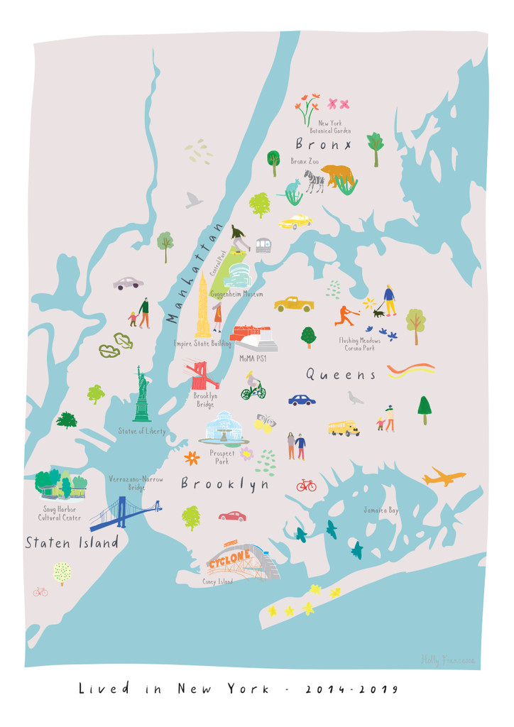 Illustrated Personalised New York Map Art Print by artist Holly Francesca.