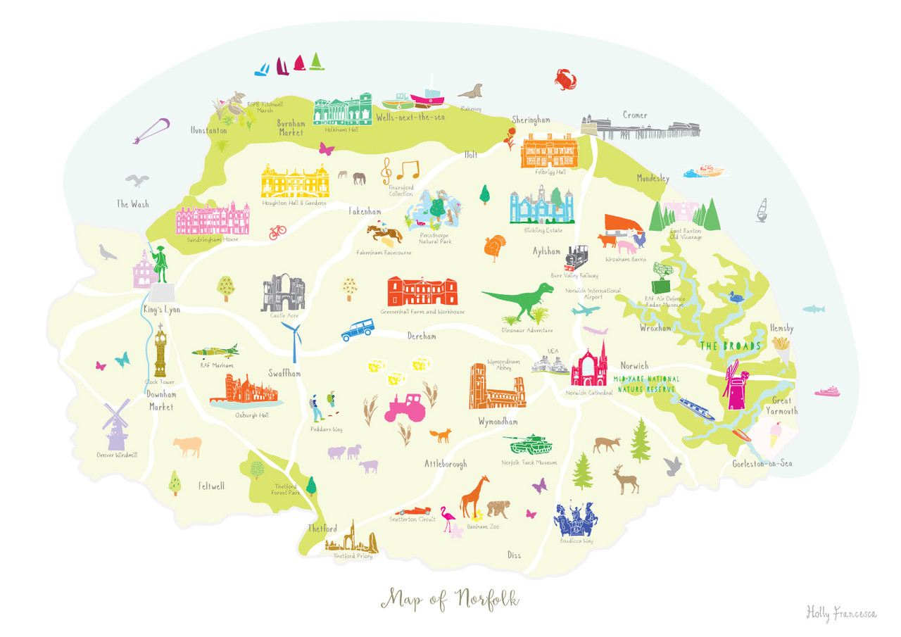 Illustrated hand drawn Map of Norfolk by UK artist Holly Francesca.