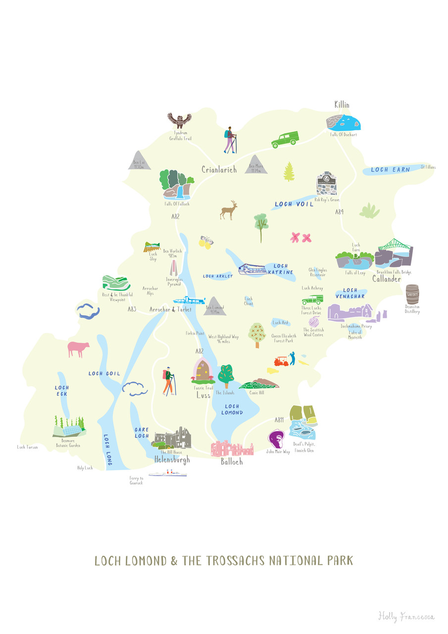 Illustrated hand drawn Map of Loch Lomond & The Trossachs National Park ...