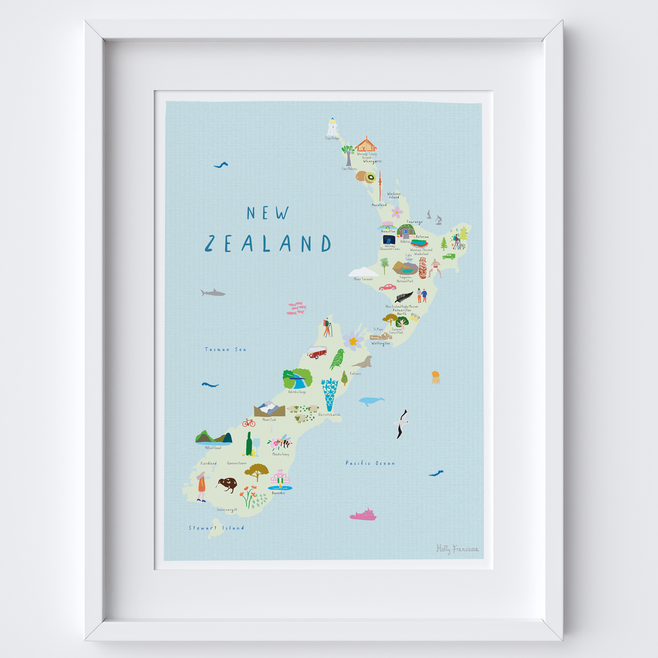 Illustrated hand drawn Map of New Zealand by UK artist Holly Francesca.