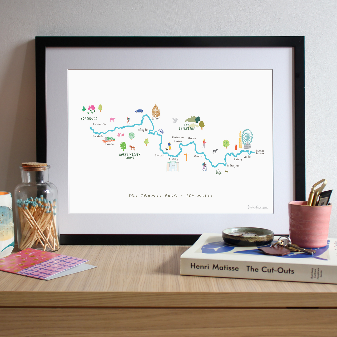 Illustrated hand drawn Thames Path Route Map Art Print by artist Holly ...
