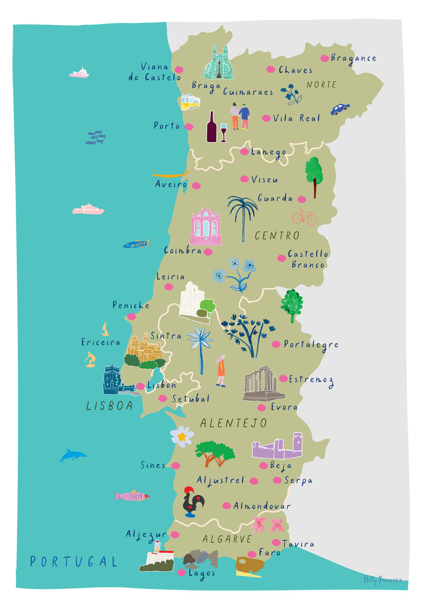 Illustrated hand drawn Map of Portugal by UK artist Holly Francesca.
