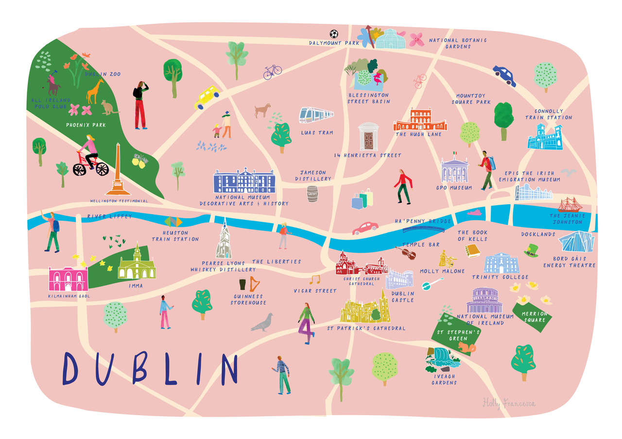 Illustrated hand drawn Map of Dublin by UK artist Holly Francesca.