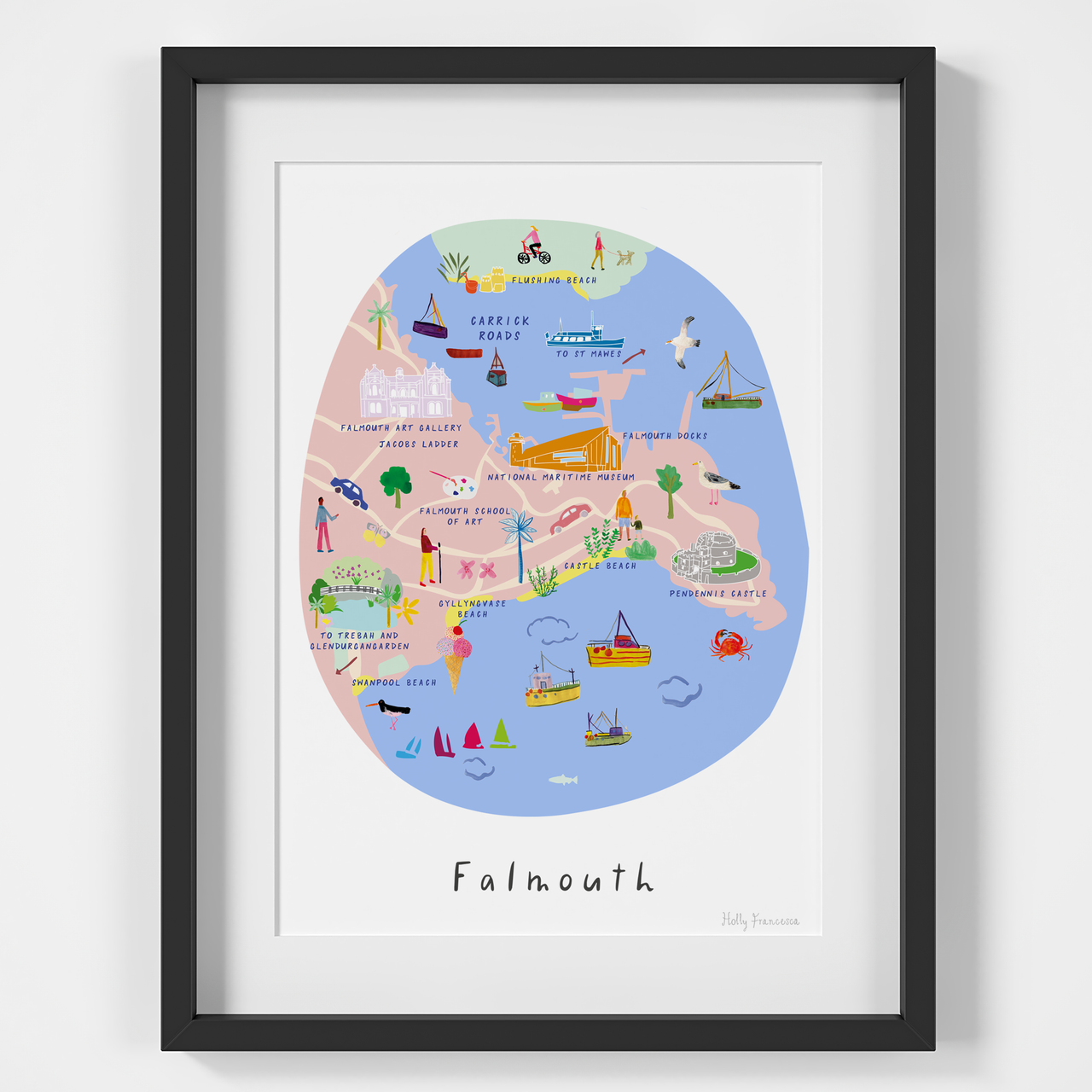 Illustrated hand drawn Map of Falmouth, Cornwall art print by artist ...