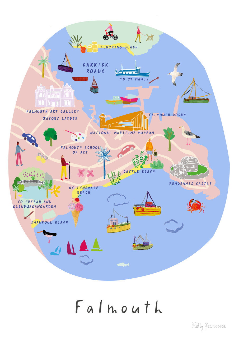 Illustrated hand drawn Map of Falmouth, Cornwall art print by artist ...