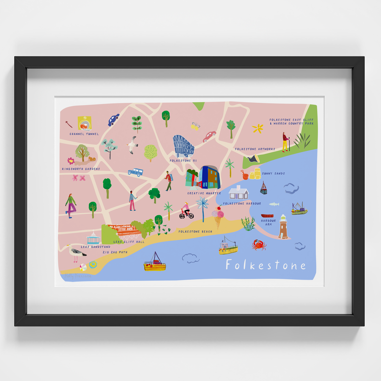 Illustrated hand drawn Map of Folkestone, Kent art print by artist ...