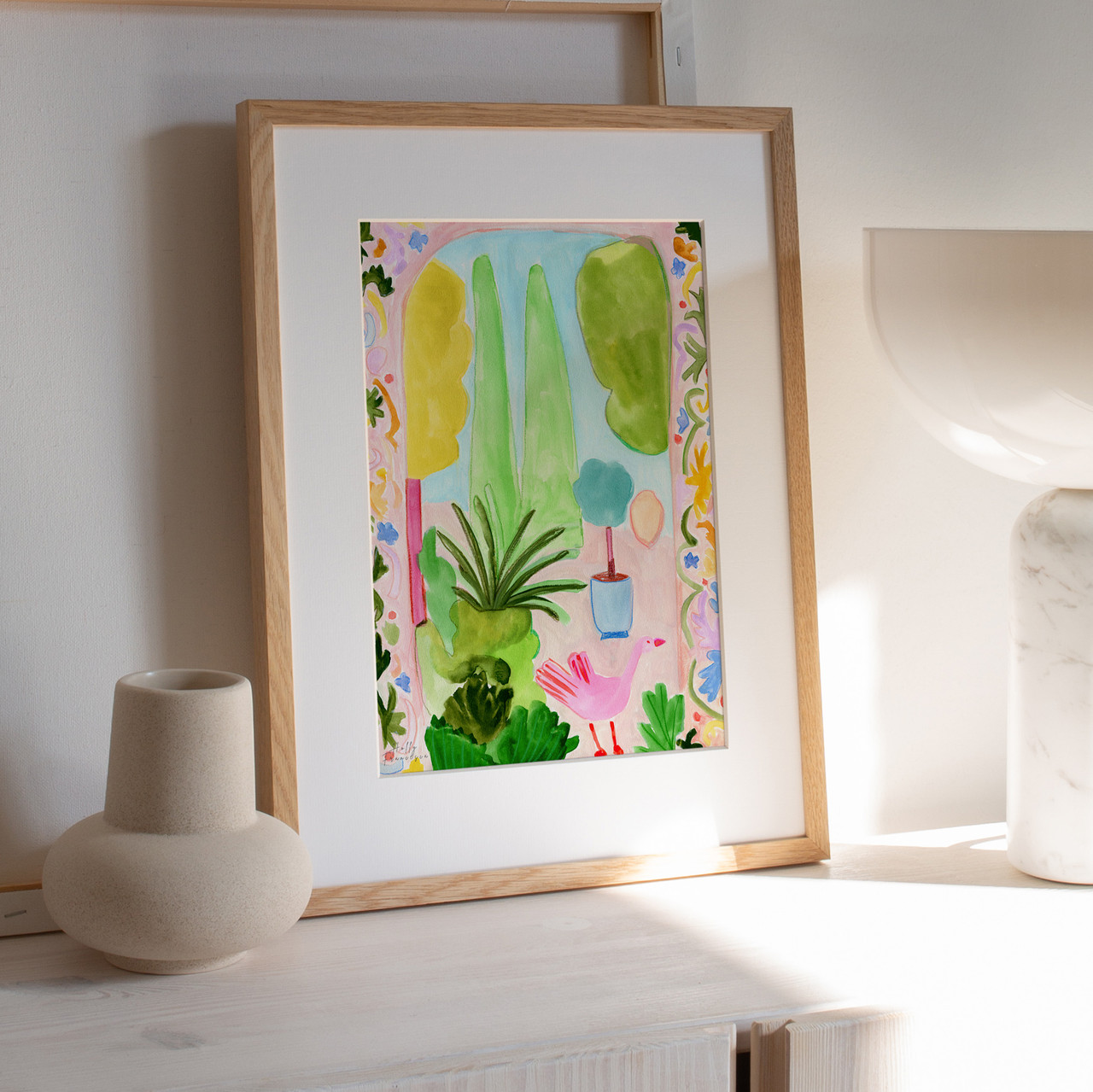 The Pink Arch Perch - Painted Garden Scene Art Print by Holly Francesca