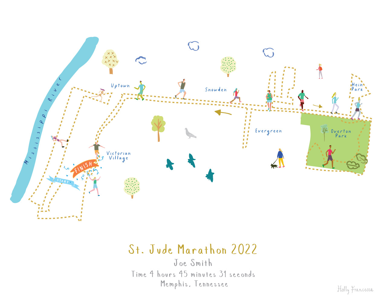 Illustrated hand drawn Custom Marathon Route Map art print by artist ...