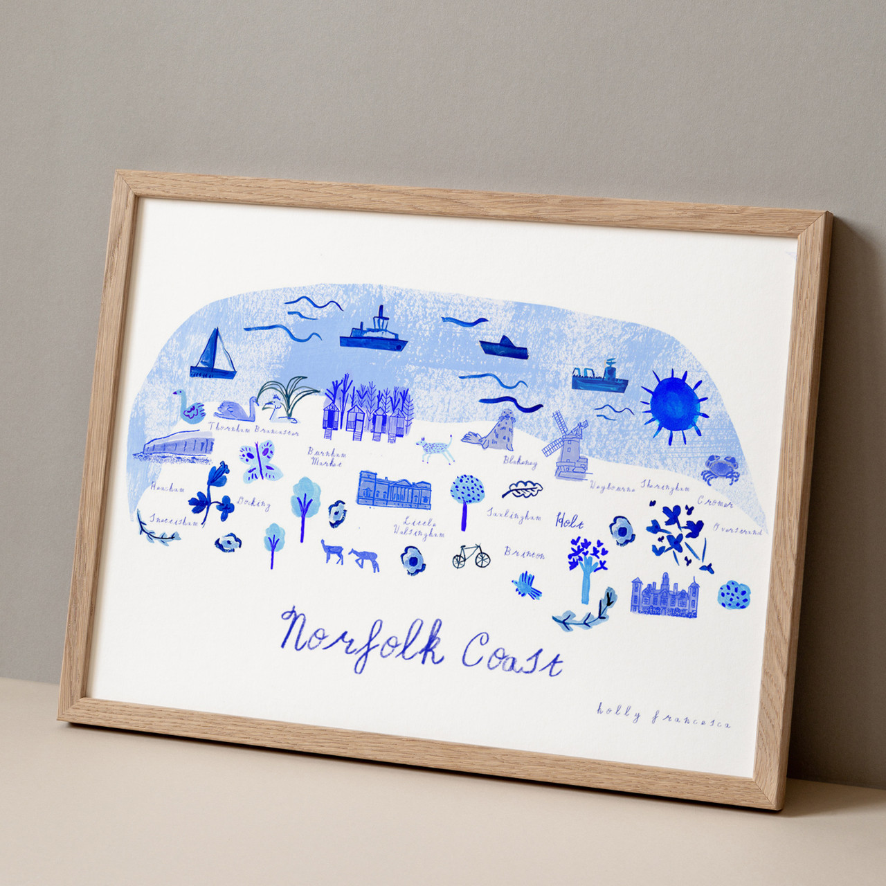 Illustrated Norfolk Coast Map - Blue Landmarks Travel Print by artist ...