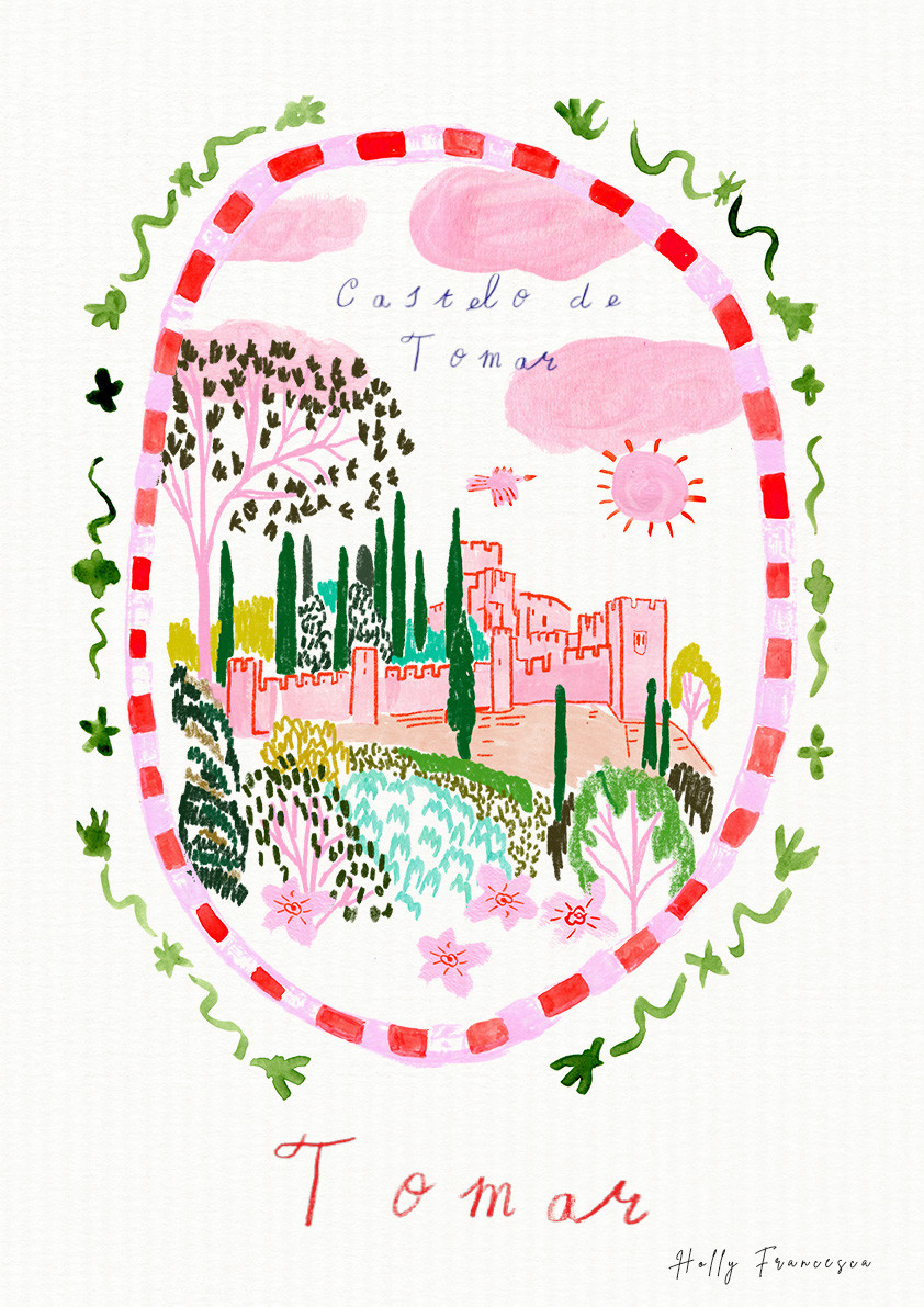 Illustrated Castelo de Tomar Poster - Tomar Castle Scene - Patterned ...