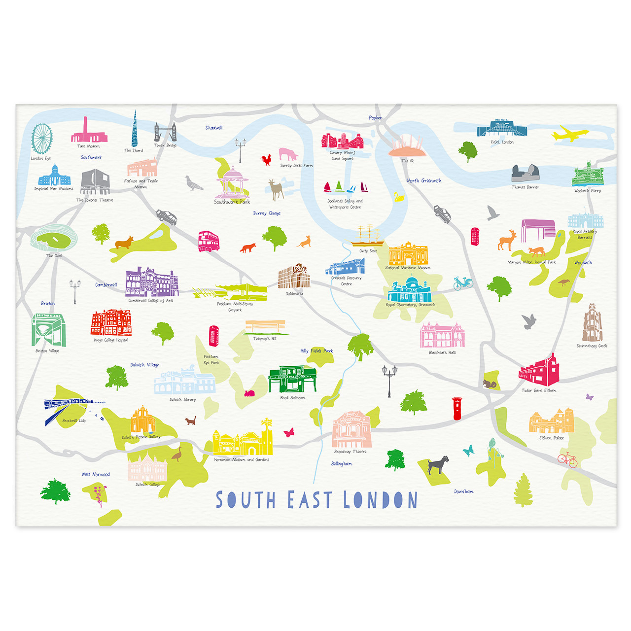 Illustrated hand drawn Map of South East London art print by artist ...